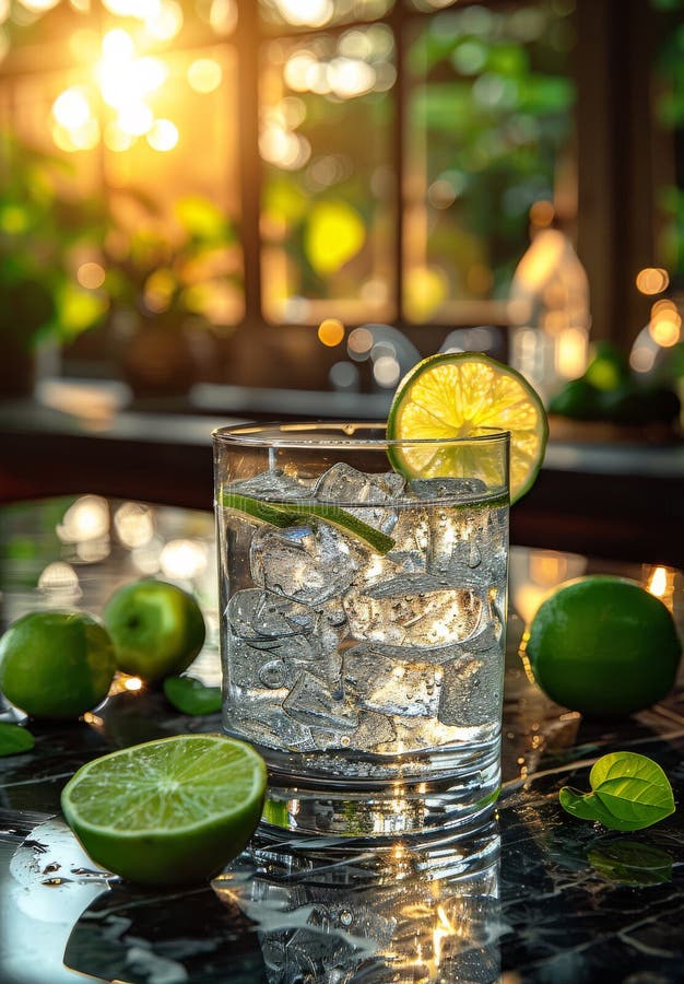 Gin and Tonic on Bar Counter with Limes Stock Image - Image of tropical ...