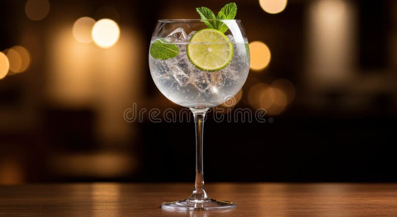 Gin and Tonic Cocktail with Lime and Mint in a Clear Glass Stock ...