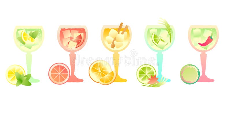 Gin Tonic Set with Different Ingredients. Vector Flat Gradient ...