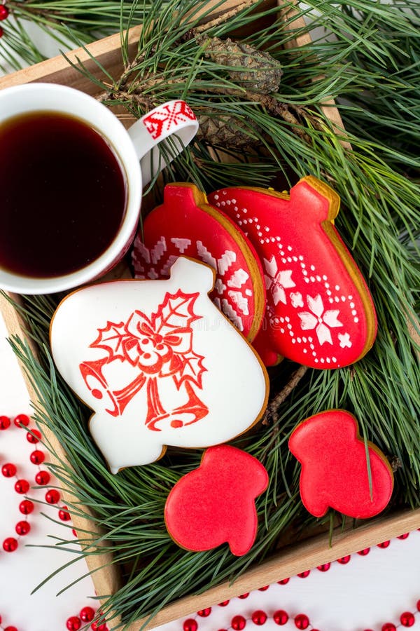 Ginger Biscuits and a Cup of Tea on the Table with Branches of S Stock ...