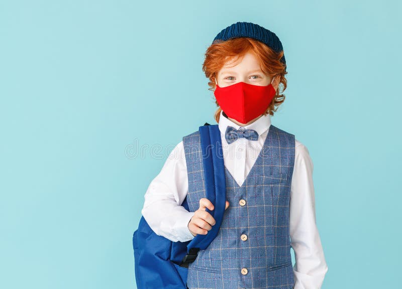 Ginger Boy in Mask Ready for Studies during Quarantine Stock Image ...