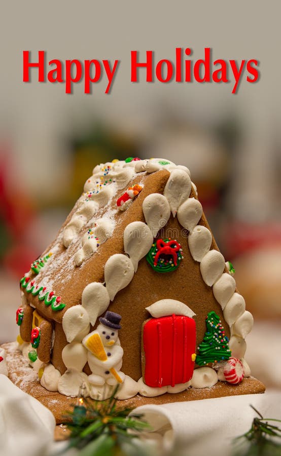 Ginger Bread House with Red Door and Happy Holidays Stock Image - Image ...