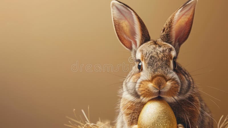 Ginger Bunny with Golden Egg on Beige Background - Easter Concept with ...