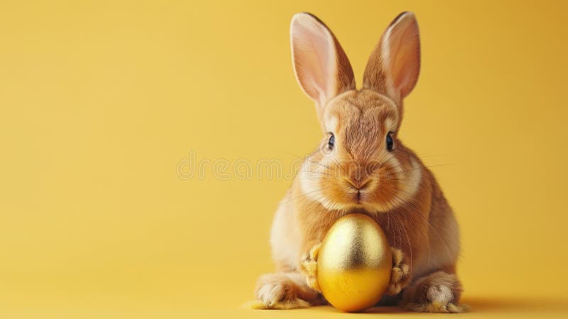 Ginger Bunny with Golden Egg on Beige Background - Easter Concept with ...