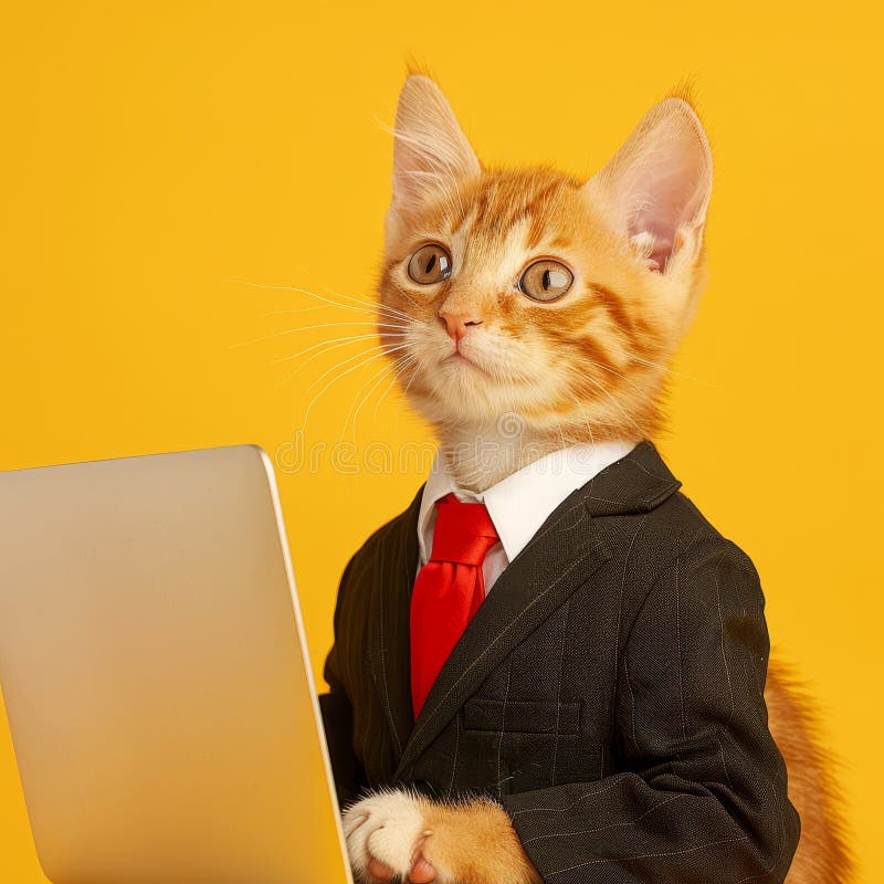 Ginger Cat, Business Professional, Wears Suit and Tie, Working on ...