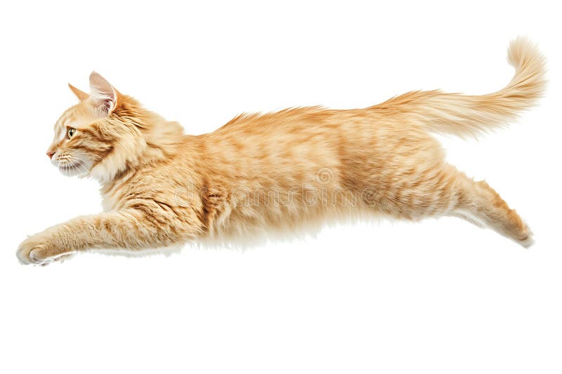 Ginger Cat Captured Mid-leap in Profile View Against a Plain White ...