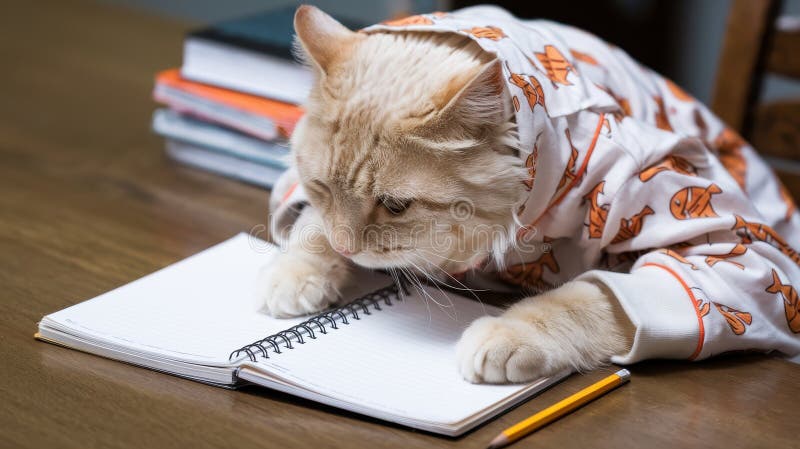 Ginger Cat in Cartoon Pajamas Drawing with Stylus at Desk in Study ...