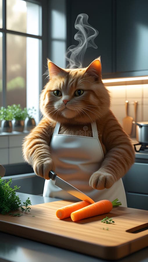 Ginger Cat Chef Preparing Carrots in a Sunlit Kitchen" Stock ...