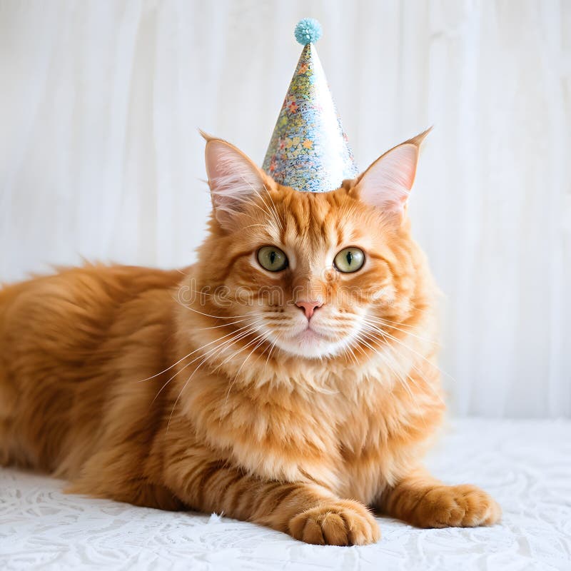 Ginger Cat with a Party Hat Stock Illustration - Illustration of feline ...