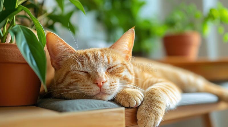 The Ginger Cat, Comfortably Relaxed, is Sleeping on a Soft Sofa Stock ...
