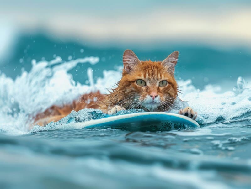 Cat Confidently Riding Waves Surfboard Ocean Stock Photos - Free ...