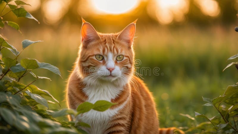 A Ginger Cat Curiously Exploring the Wild in the Backyard during Sunset ...