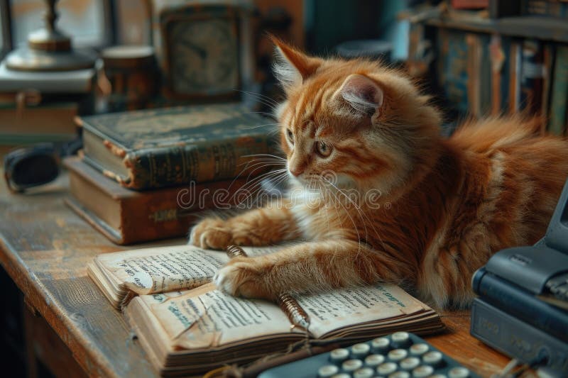 Ginger Cat Curiously Observing from Amidst Vintage Books. Stock Image ...