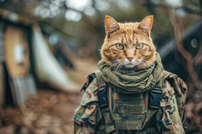 Ginger Cat Dressed in Full Military Gear with a Focused Expression ...