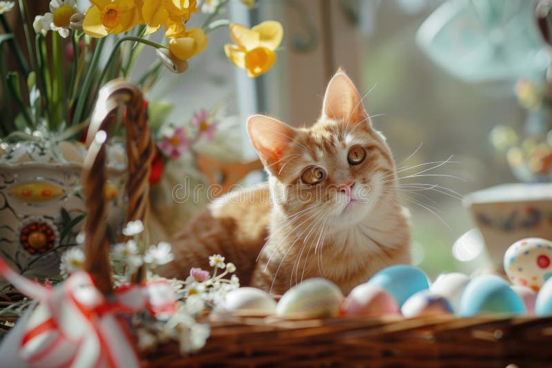 Ginger Cat in an Easter Basket with Pastel Eggs and Blooms. Stock Photo ...