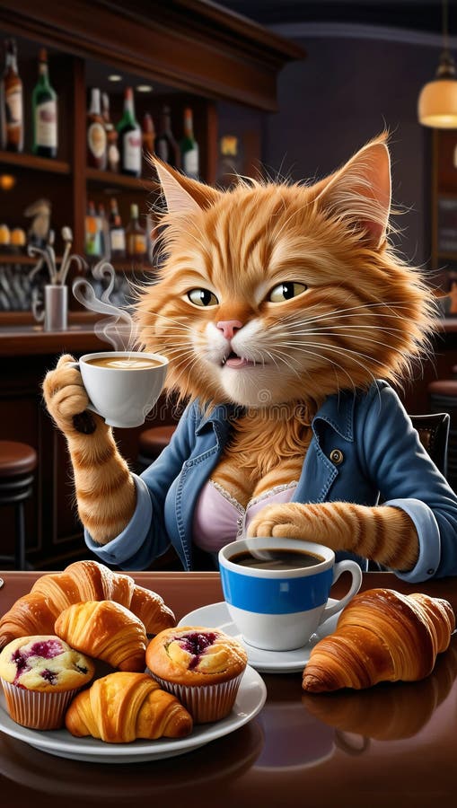 Ginger Cat Enjoying Coffee and Pastries at a Cafe Stock Illustration ...