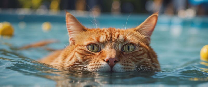 Ginger Cat Enjoying the Summer in a Pool Party. Stock Image - Image of ...