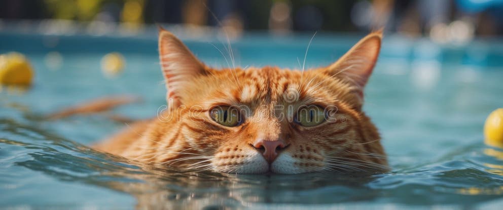 Ginger Cat Enjoying the Summer in a Pool Party. Stock Image - Image of ...