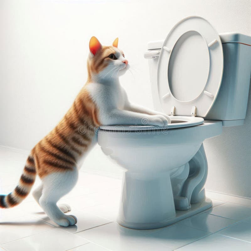A Ginger Cat Examines the Toilet in the Bathroom. Stock Image - Image ...