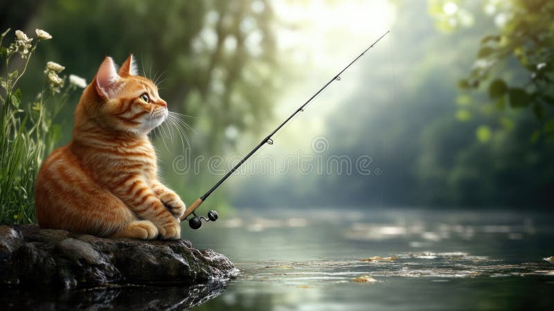 Ginger Cat Fishing by Tranquil River in Sunlit Forest Scene Stock Photo ...