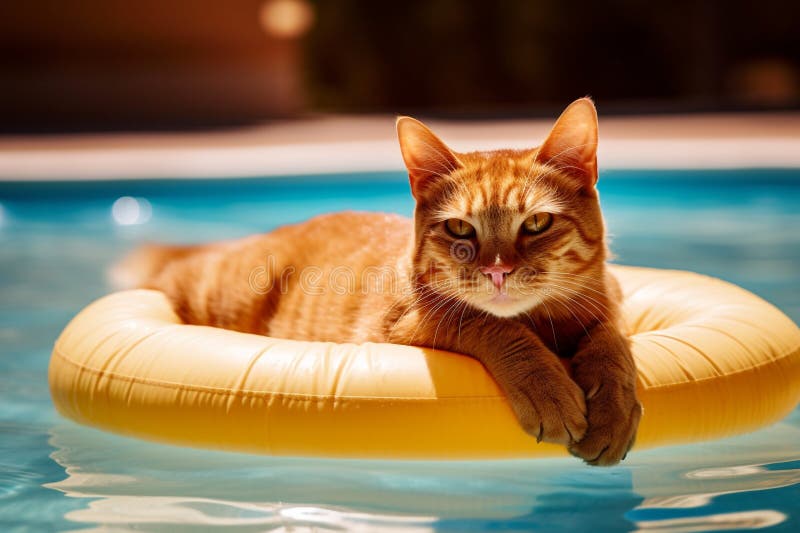 Ginger Cat Floating on Inflatable Yellow Ring in Swimming Pool ...