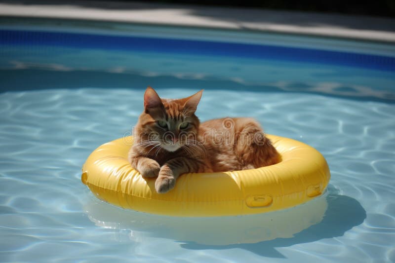 Ginger Cat Floating on Inflatable Yellow Ring in Swimming Pool ...