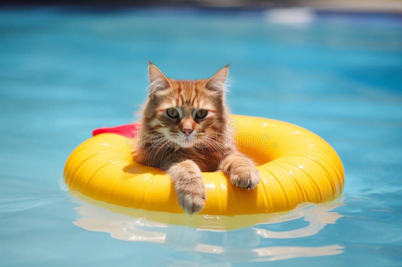 Ginger Cat Floating on Inflatable Yellow Ring in Swimming Pool ...