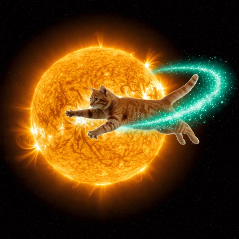Ginger Cat Flying Around the Sun with a Magic Trail Stock Illustration ...