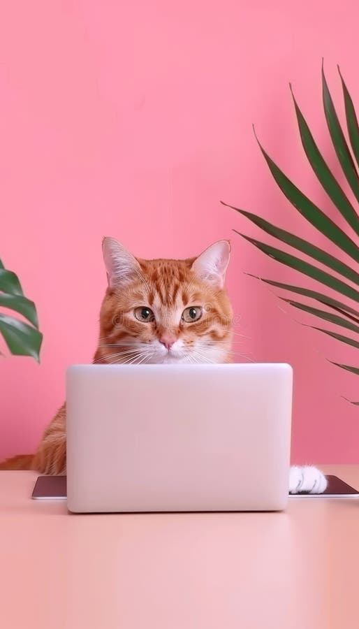 Ginger Cat Focused on Work, Typing on Laptop at Desk, Surrounded by ...