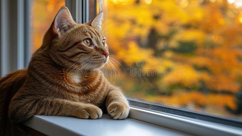 Ginger Cat Gazing Out Autumn Window Stock Illustration - Illustration ...