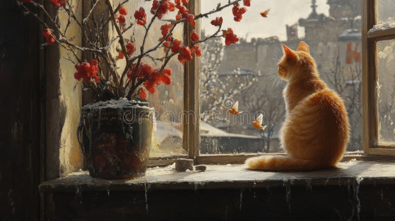 Ginger Cat Gazing through Snowy Window at Birds Stock Illustration ...