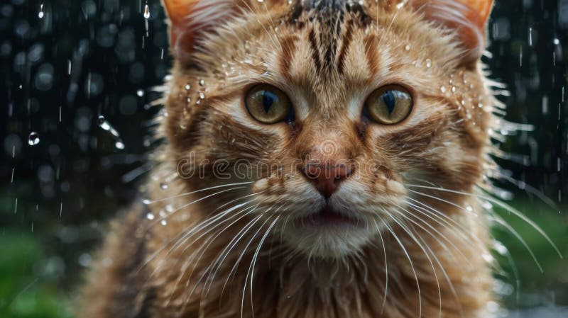 Wet Ginger Cat Looking Curious Under the Rain Stock Image - Image of ...