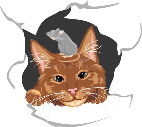 Ginger Cat and Grey Mouse Peeks through a Broken Wall Stock Vector ...