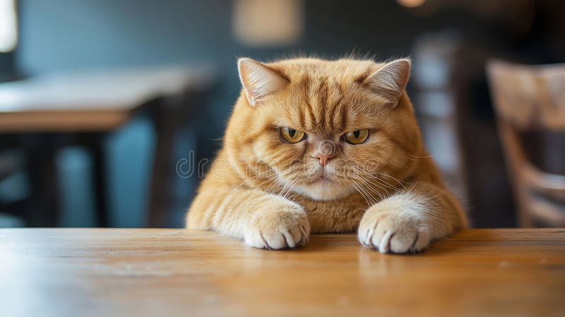 A Ginger Cat with a Grumpy Face is Sitting Alone on a Table, Looking at ...