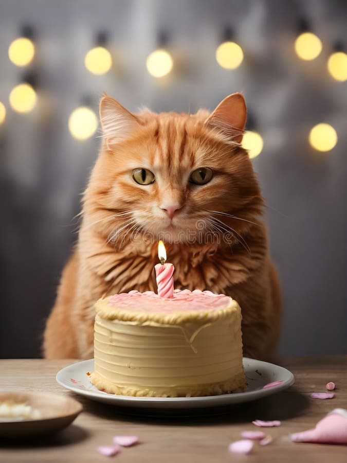 Ginger Cat Having a Birthday in Front of a Cake Stock Illustration ...