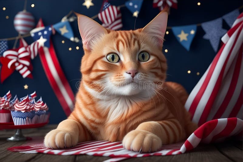Ginger Cat Having Fourth of July Party . Generative AI Stock ...
