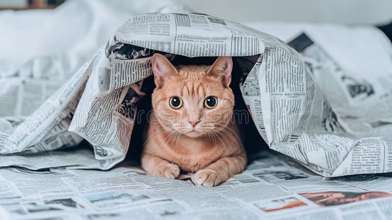 Ginger Cat Hiding Under Newspaper on Bed Stock Image - Image of home ...