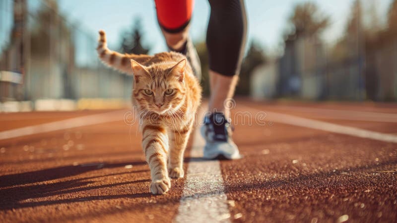 A Ginger Cat Jogs Alongside a Person on a Running Track Stock Photo ...