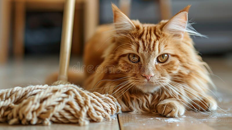 A Ginger Cat Lies on the Floor, Looking at the Camera with a Mop beside ...
