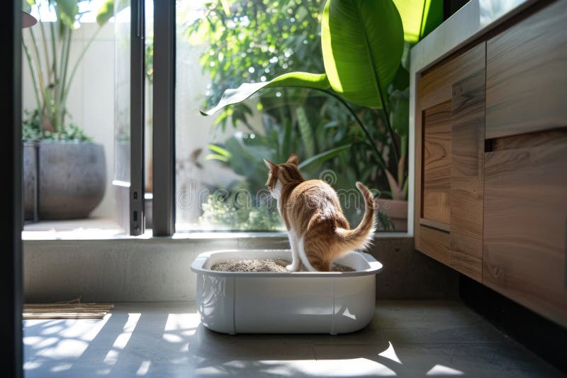 Ginger Cat in a Litter Box by the Window, Surrounded by Plants. Stock ...