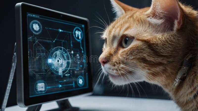Ginger Cat Looking at Futuristic Screen with Hud Interface Stock Image ...