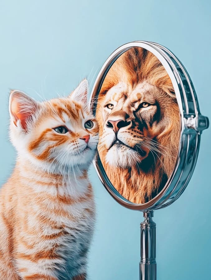 Ginger Cat Looking in Mirror Seeing Lion Reflection Stock Photo - Image ...