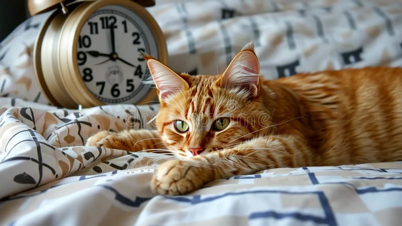 Ginger Cat Lying Next To a Vintage Alarm Clock on a Bed Stock Video ...