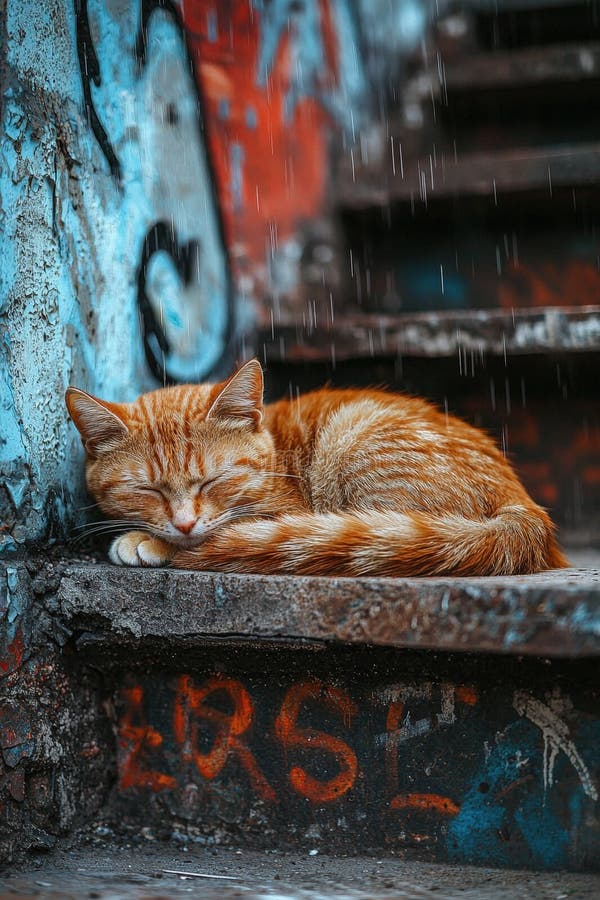 Ginger Cat Sleeping Peacefully on Urban Steps during Rain a ...