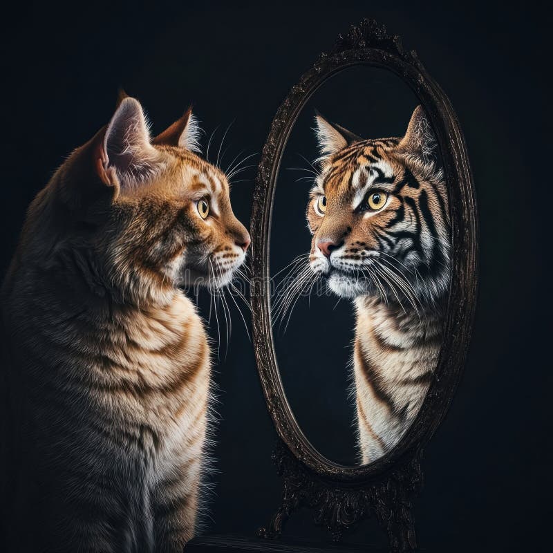 Ginger Cat Observing a Mirror Reflecting a Tiger, Concept of Self ...