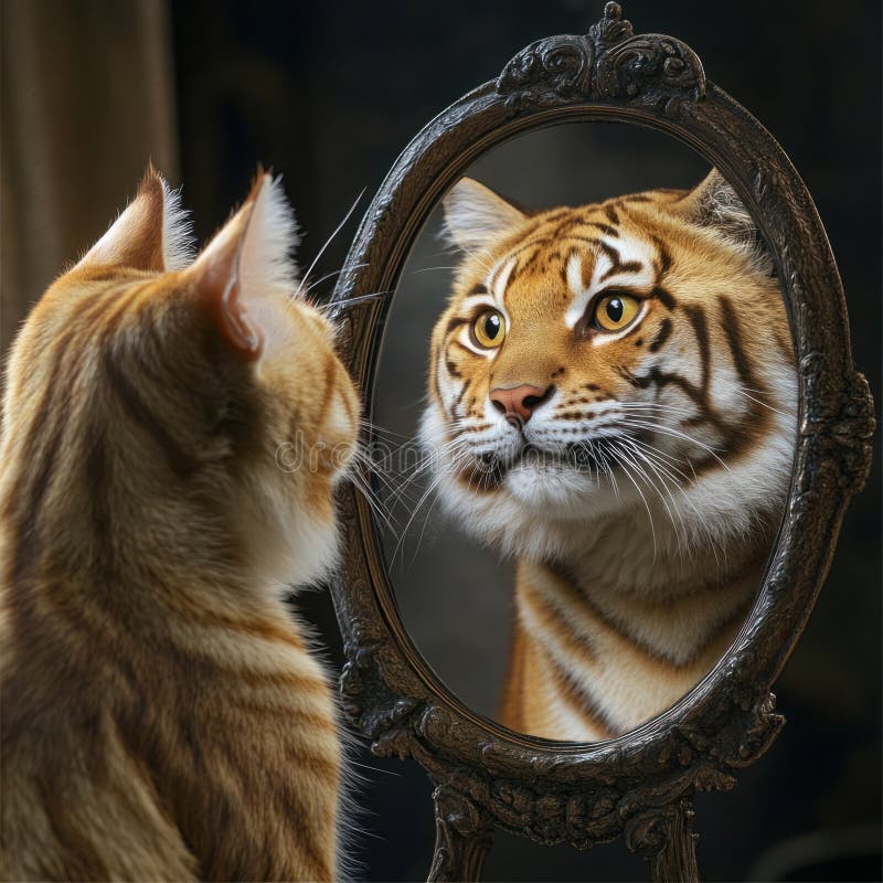 Ginger Cat Observing Tiger Reflection in Ornate Mirror Stock Image ...