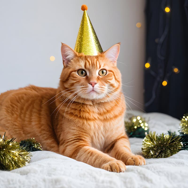 Ginger Cat with a Party Hat Stock Illustration - Illustration of tomcat ...