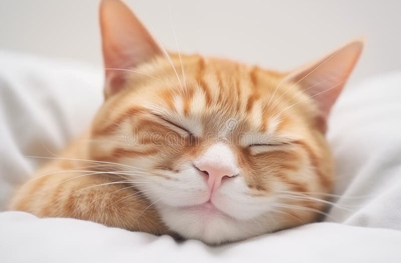 Ginger Cat Peacefully Asleep on a White Pillow and Cozy Blanket, AI ...