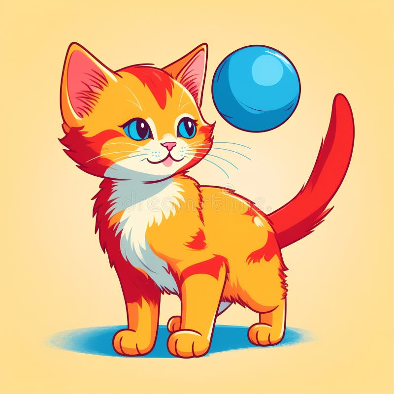 Ginger Cat Playing with a Blue Ball Stock Illustration - Illustration ...