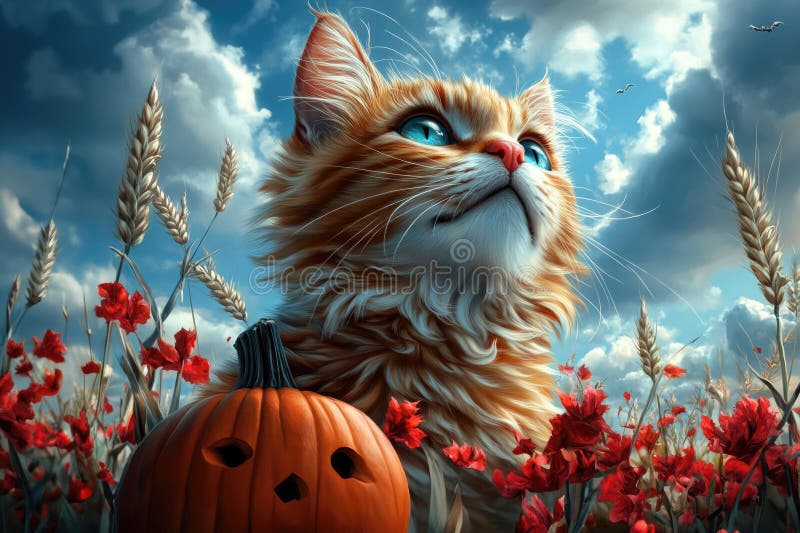 Ginger Cat in Poppy Field with Pumpkin Under Cloudy Sky. AI Stock Image ...